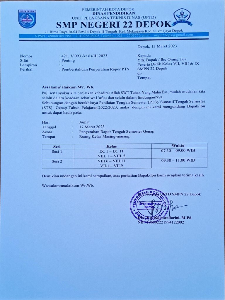 Surat Pengambilan Rapor PTS Genap | PDF