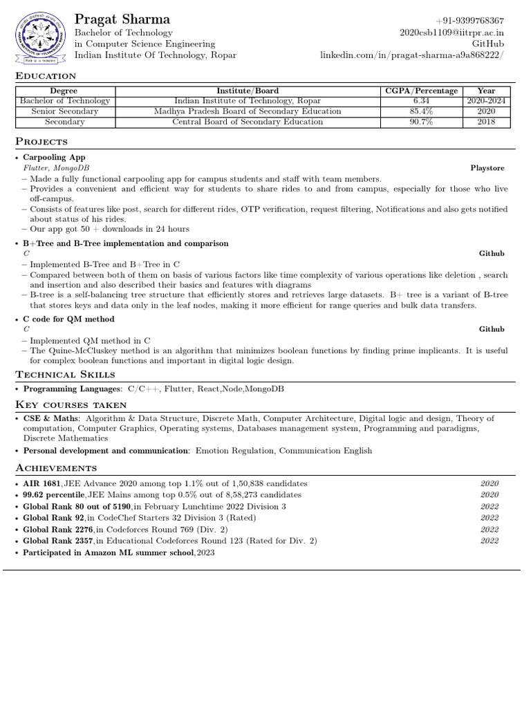 IIT_Ropar_CV_Template (9) | PDF | Computing | Computer Science