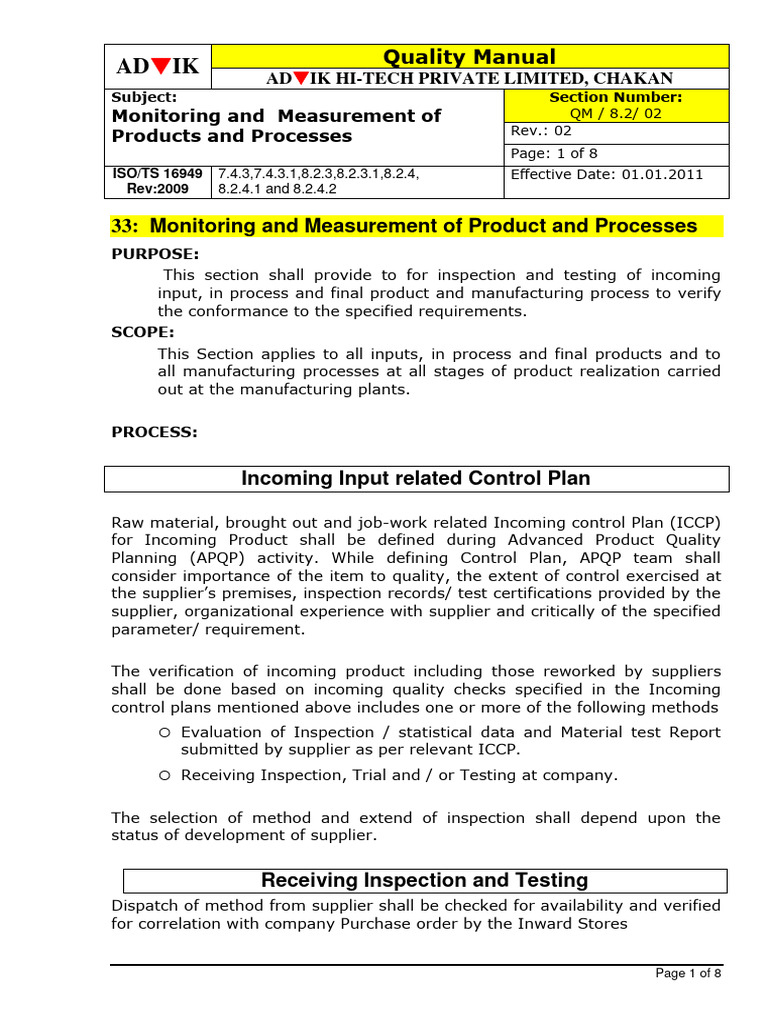 Monitoring and Measurement of Product and Processes | Download Free PDF ...