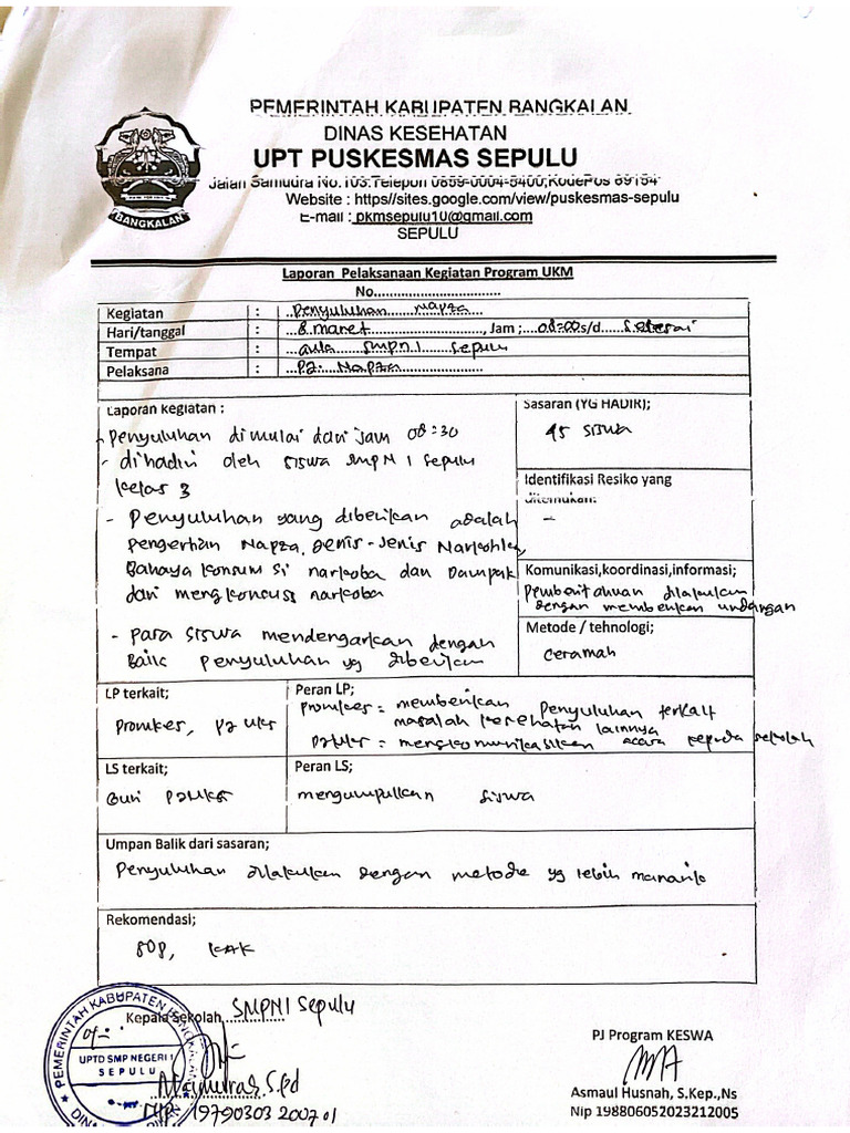 LHK Penyuluhan Napza SMP 1 Sepulu | PDF