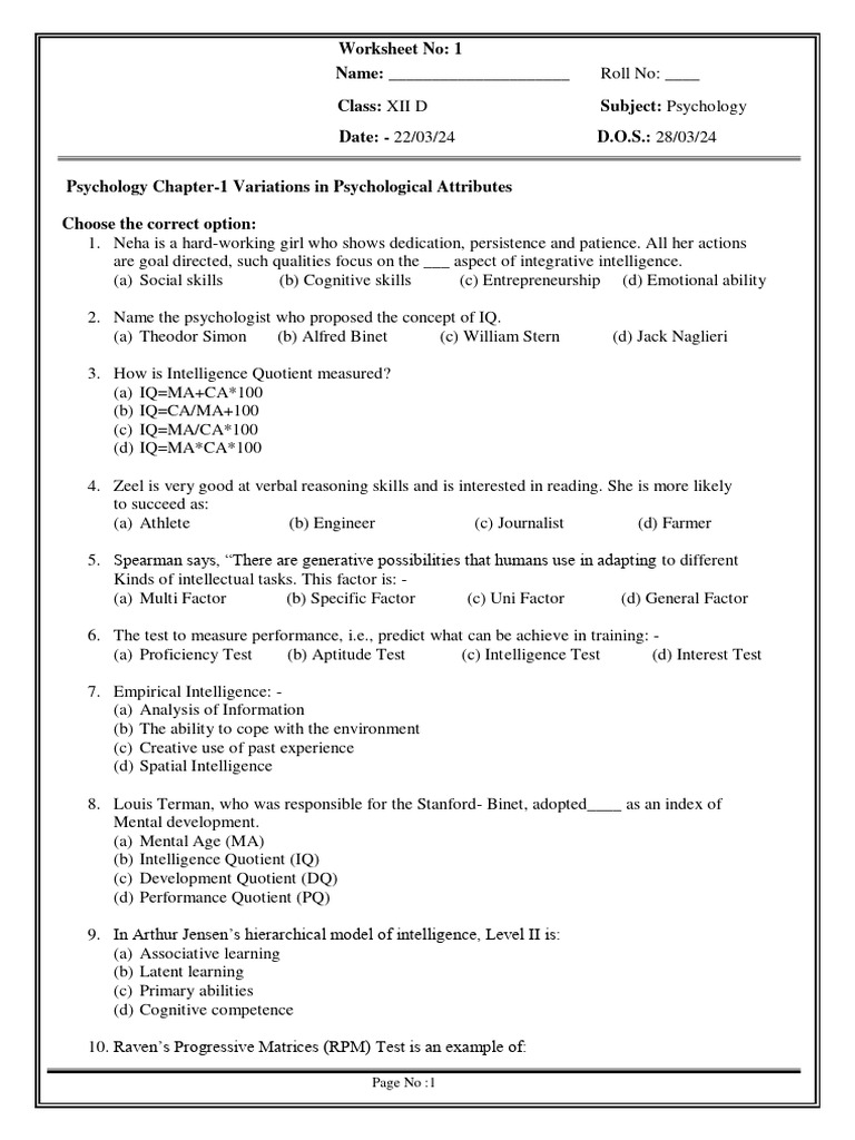 Work Sheet Psy 12 Ch-1 | PDF | Intelligence Quotient | Intelligence