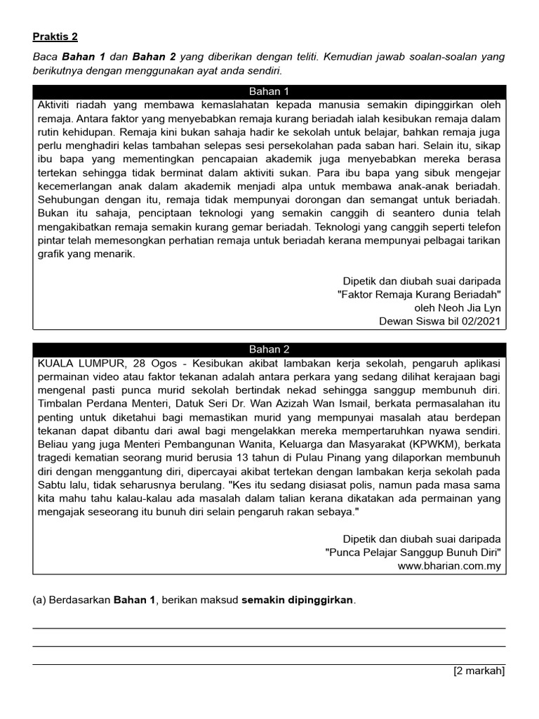 Baca Bahan 1 Dan Bahan 2 Yang Diberikan Dengan Teliti. Kemudian Jawab Soalan-Soalan Yang ...