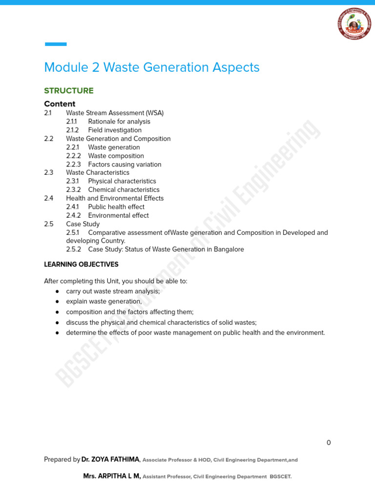 Module2 - Waste Generation Aspects - Notes | PDF | Landfill | Waste