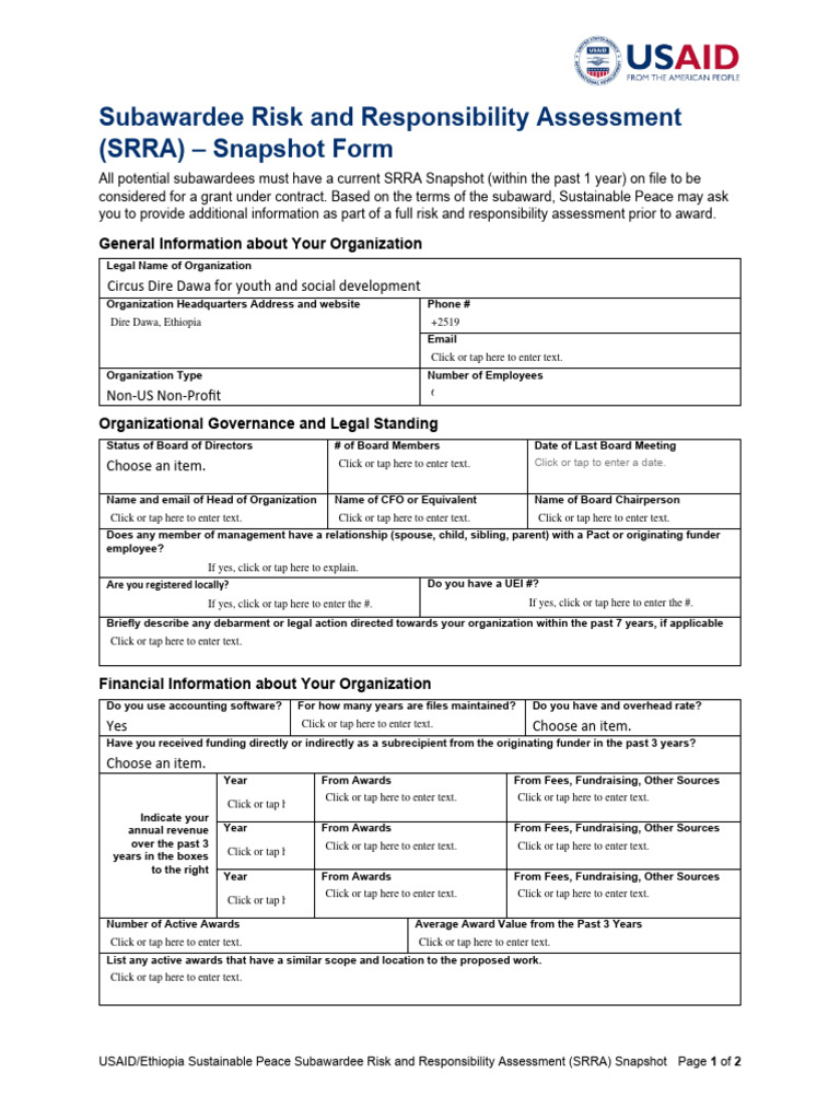 Annex A - SRRA Snapshot Form For Subrecipients | PDF | Business