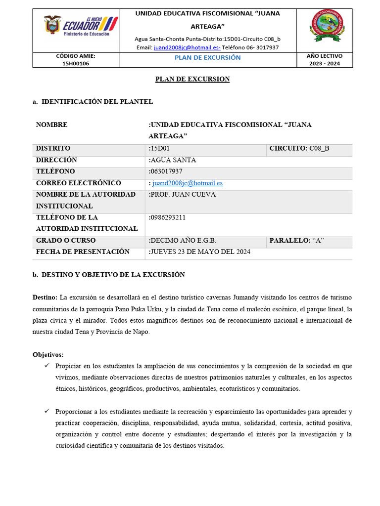 PLAN DE EXCURSIÓN 2024 DECIMO | PDF