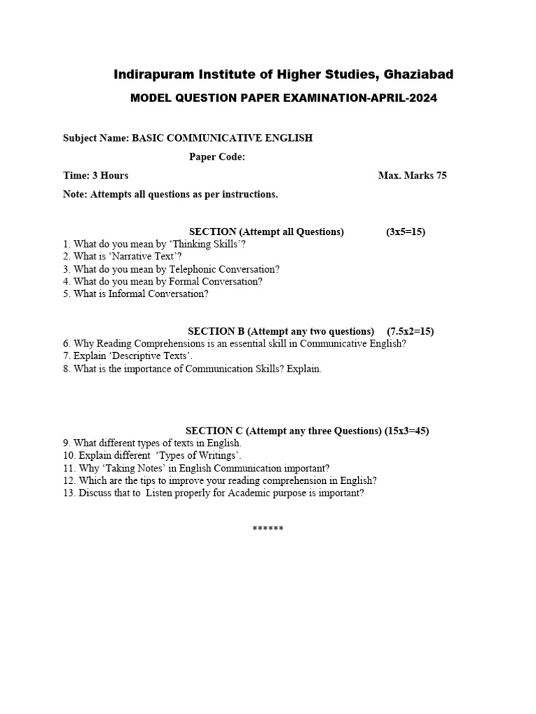 Question Paper English Comm Sem 2 | PDF | Language Arts & Discipline