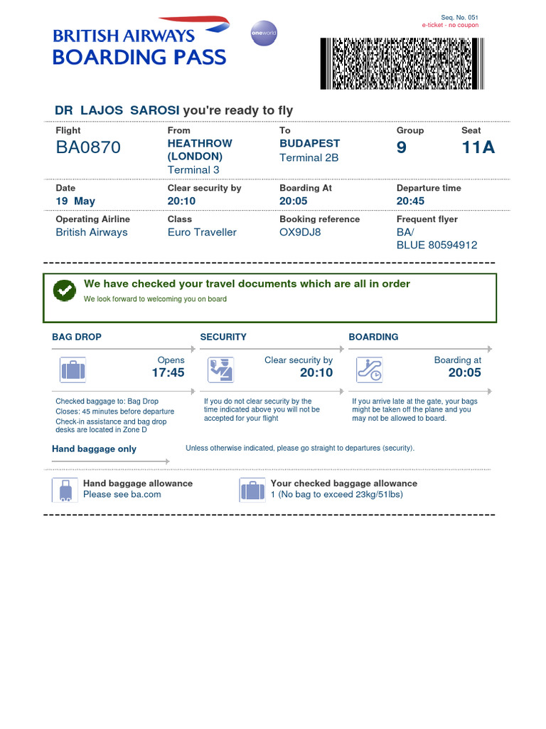 Boarding Pass BA0870 LHR BUD 051 | PDF | Transport Companies | Airlines
