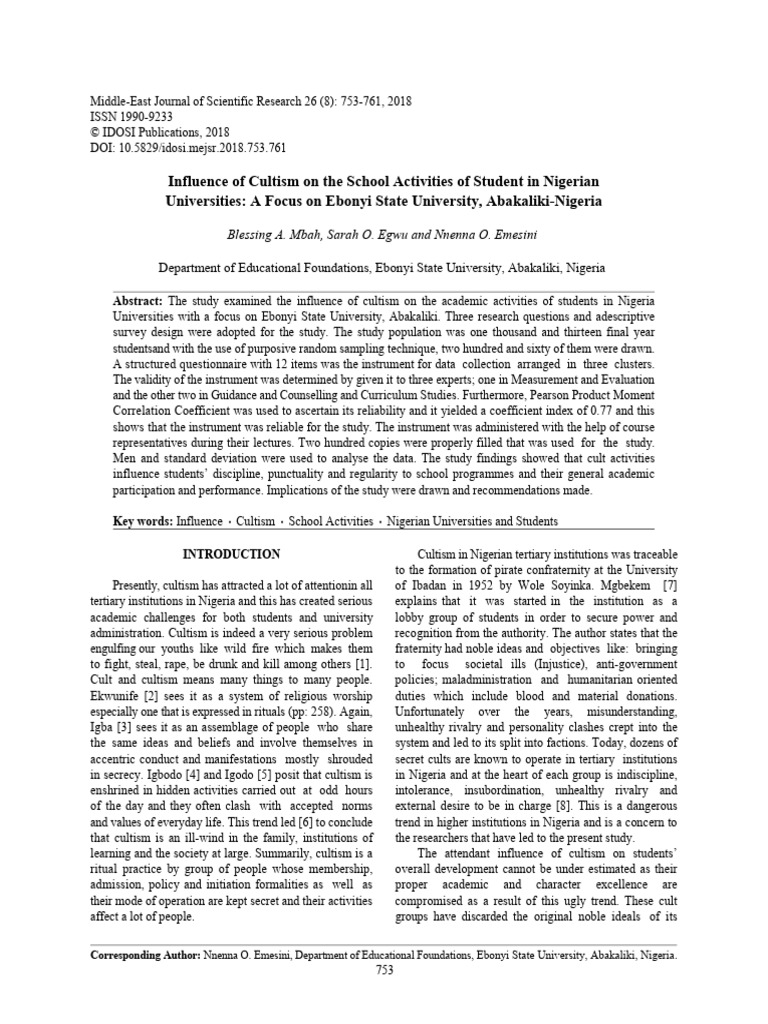 Influence of Cultism On The School Activities of Student in Nigerian ...
