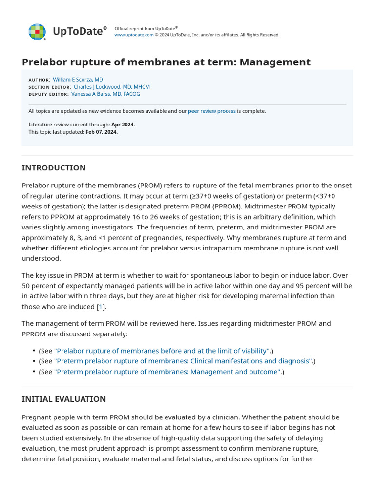 Prelabor Rupture of Membranes at Term - Management - UpToDate | PDF ...
