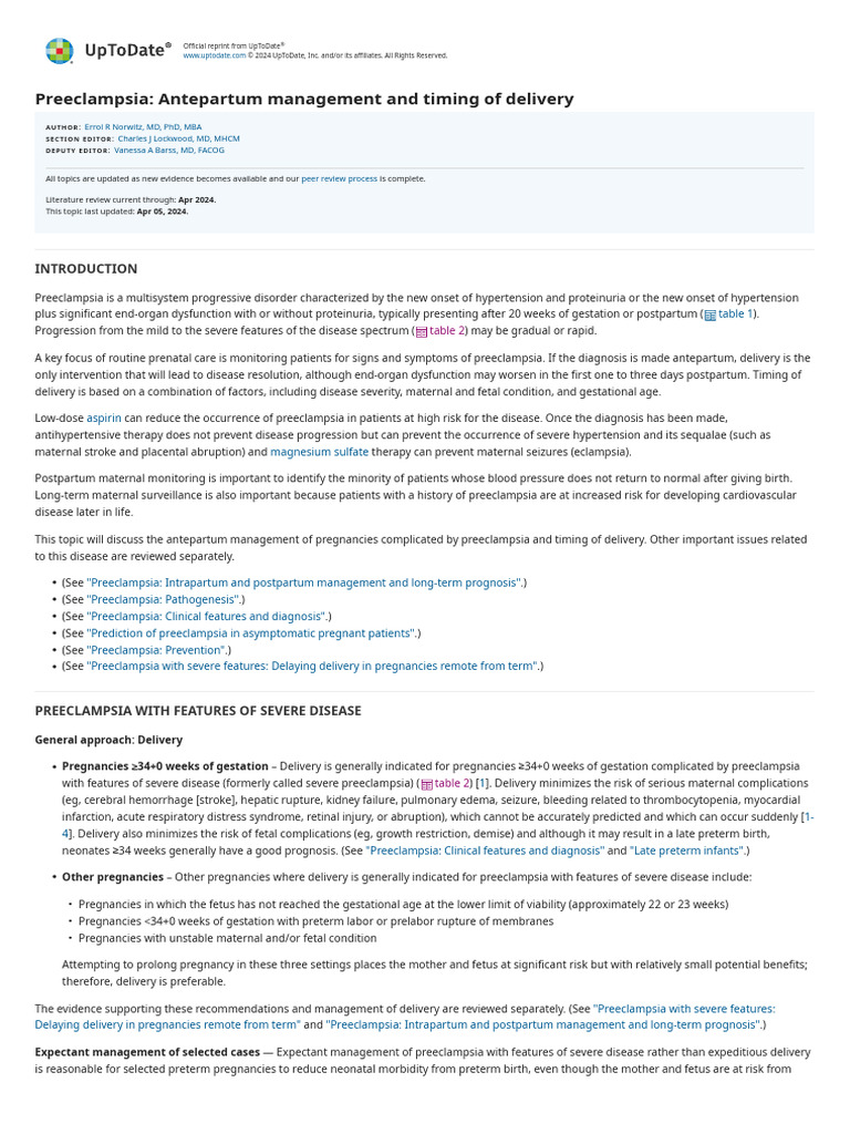 Preeclampsia - Antepartum Management and Timing of Delivery - UpToDate | PDF | Childbirth ...