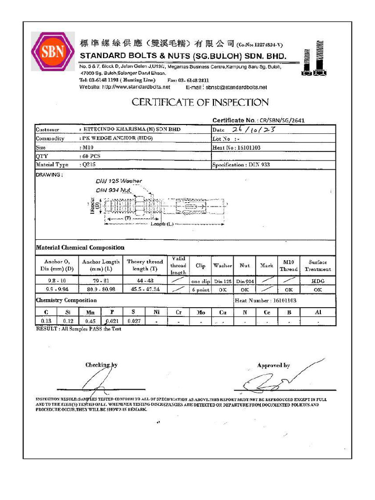 Certificate - PK - M10 Anchor Bolt | PDF
