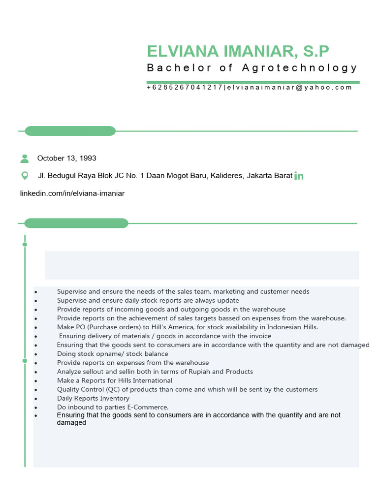 CV Elviana PDF - 1 | PDF | Warehouse | Computing