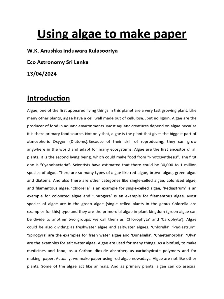 Using algae to make paper | PDF | Paper | Pulp (Paper)