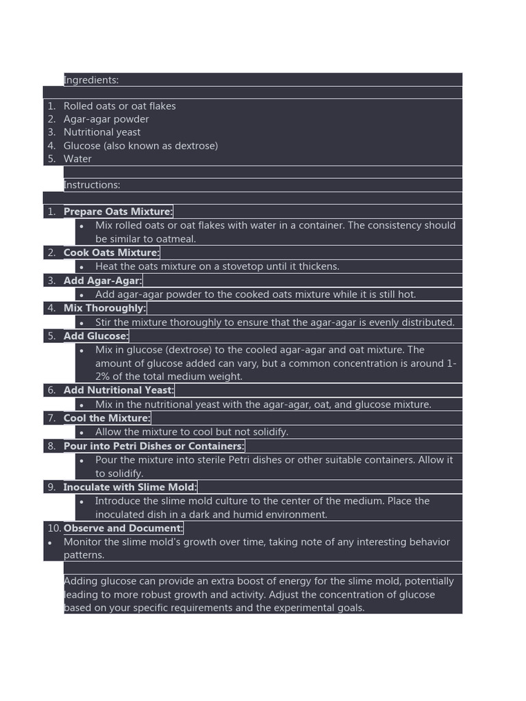 Slime Mold Growth Medium Recipe | PDF