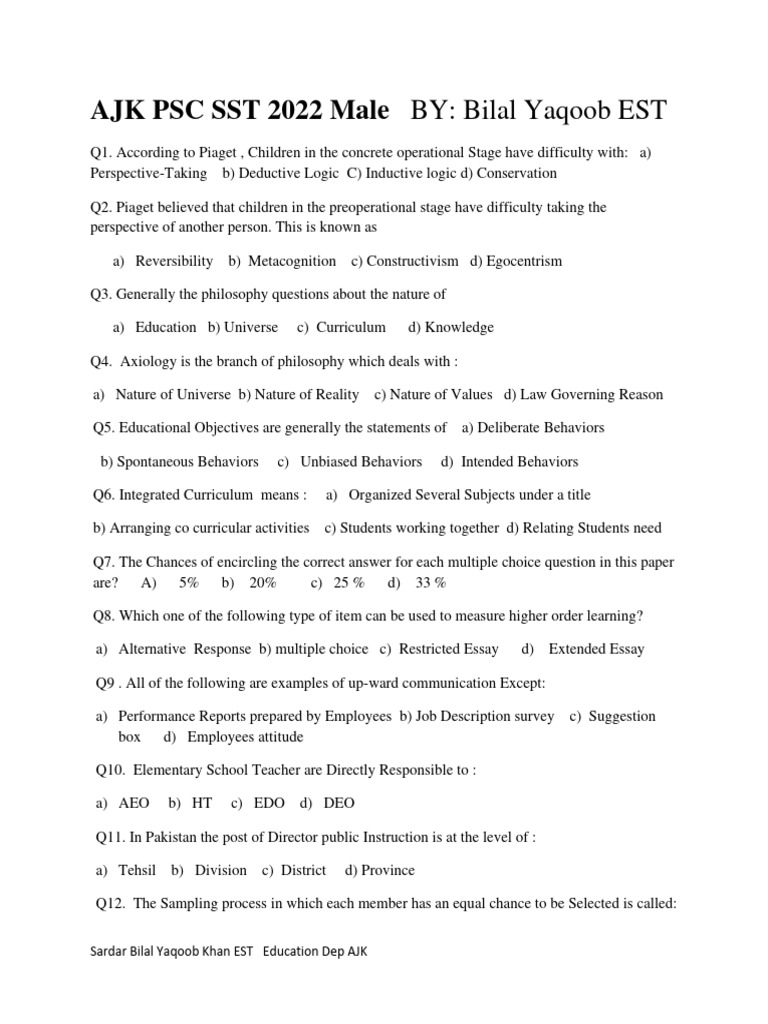 AJK PSC SST 2022 Male PDF | PDF