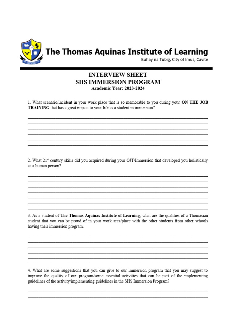 Interview Sheet Aquinas Immersion | PDF