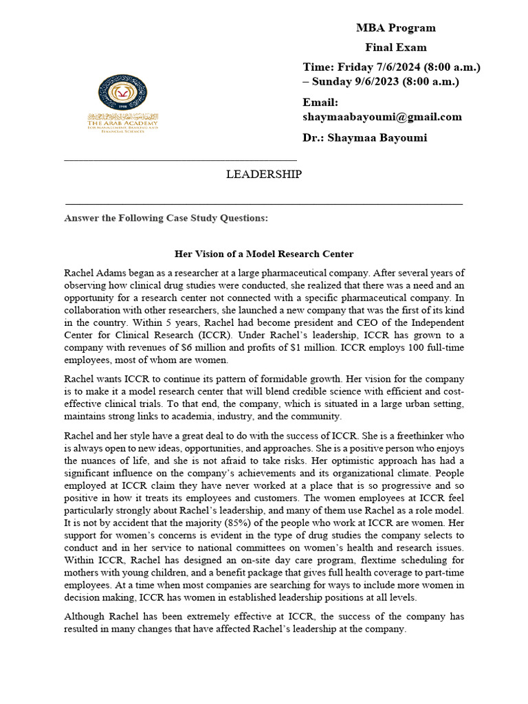 Final Exam - Leadership 247 | PDF | Leadership | Clinical Trial