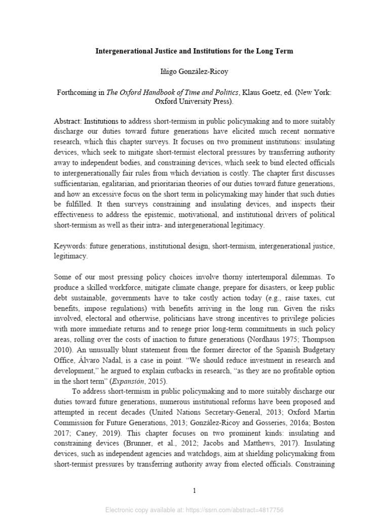 Intergenerational Justice and Institutions For The Long Term | PDF | Policy | Egalitarianism