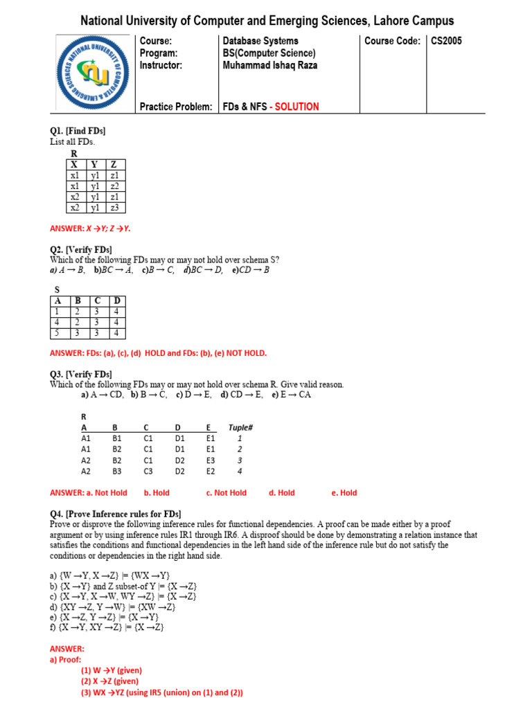 FDs - NFs - Practice Problems-Sol | PDF | Data Management | Information Retrieval