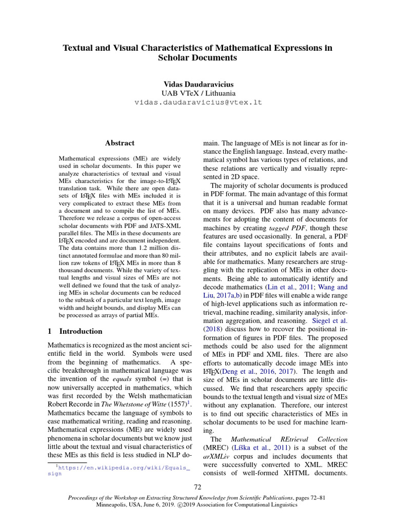 Textual and Visual Characteristics of Mathematical Expressions in Scholar Documents | PDF