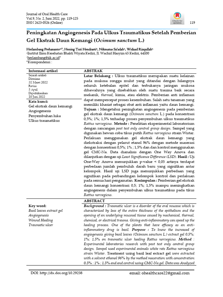 Peningkatan Angiogenesis Pada Ulkus Traumatikus Setelah Pemberian Gel Ekstrak Daun Kemangi ...