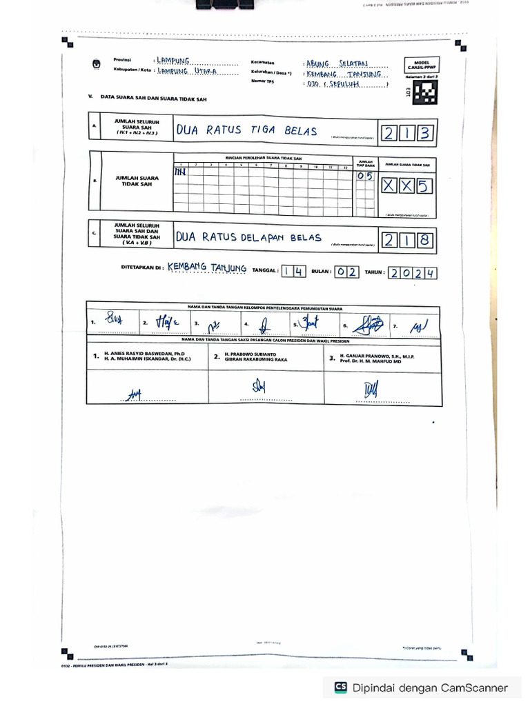 C Hasil PRESIDEN TPS 011 KEMBANG TANJUNG | PDF