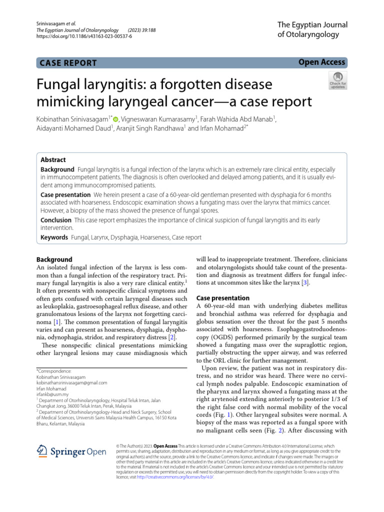 Fungal Laryngitis A Forgotten Disease Mimicking La | PDF | Candidiasis | Larynx