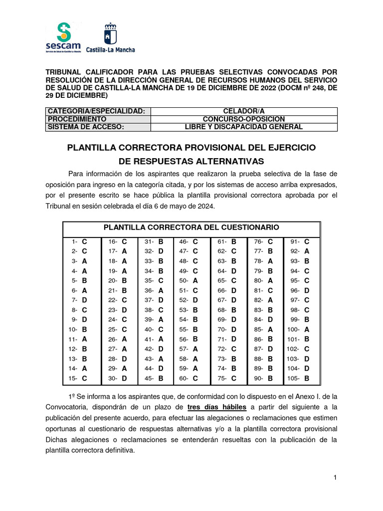 Plantilla Correctora Provisional Celador Libre | PDF