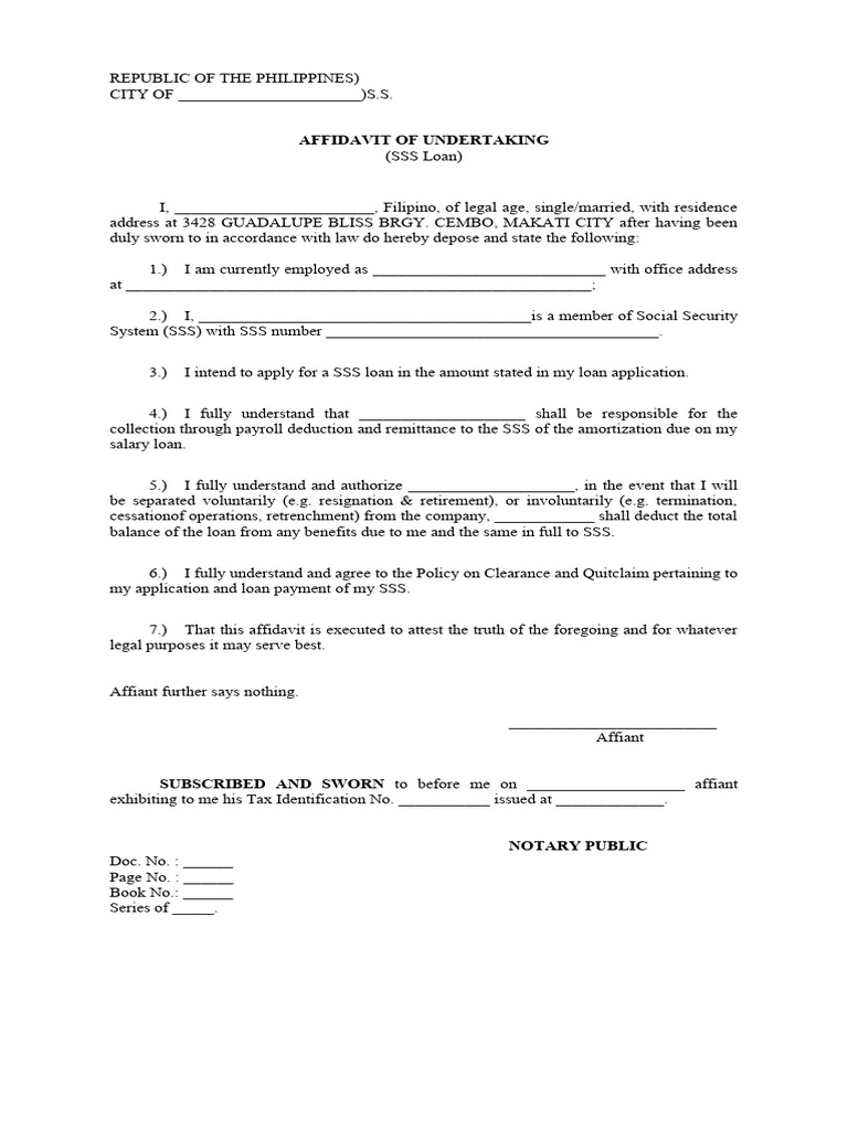Affidavit of Undertaking (SSS) | PDF | Finance & Money Management