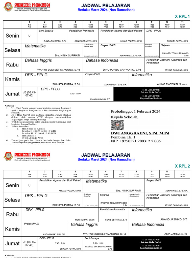 SMKN 1 PROB - Jadwal Pelajaran Kelas | PDF
