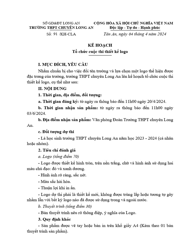 91 - KH-CLA - 04-04-2024 - KH CUỘC THI THIẾT KẾ LOGO.signed | PDF