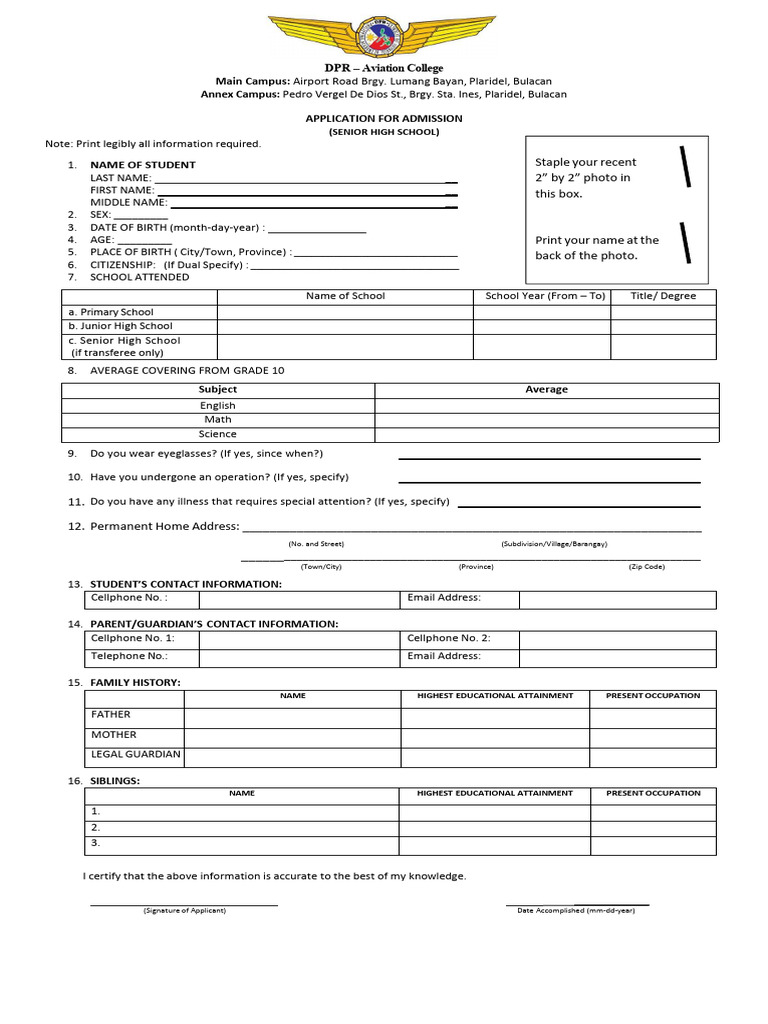 SHS Admissions Application Form For SY. 2024-2025 | PDF