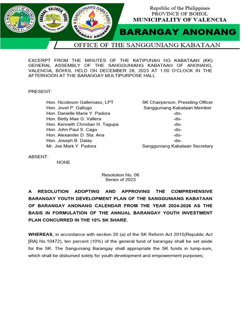 005 SK Reso Approving Cbydp | PDF | Youth Organizations