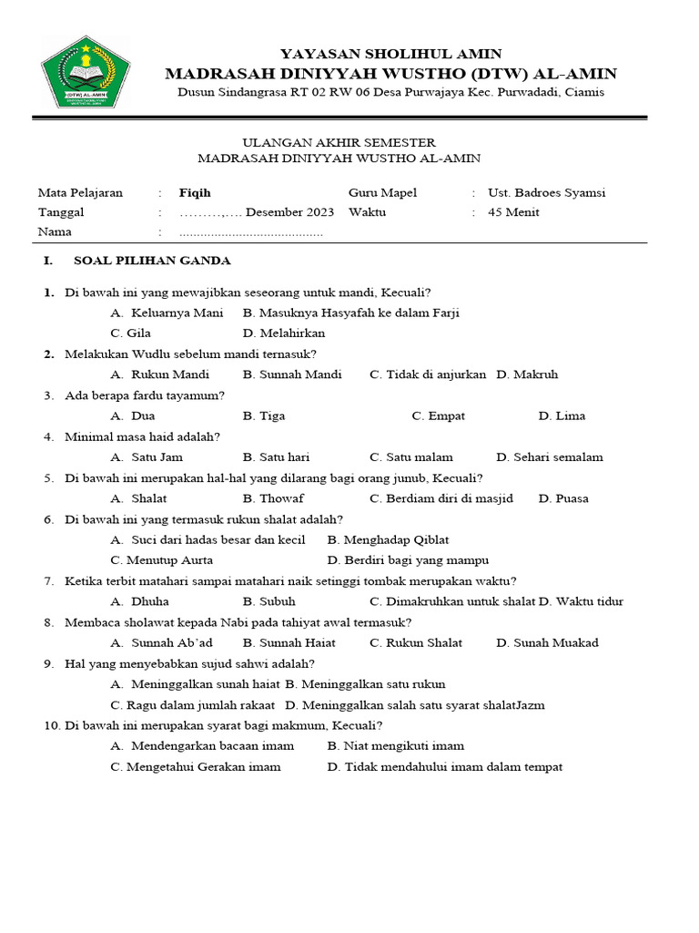 Soal Fiqih Kelas 3 | PDF