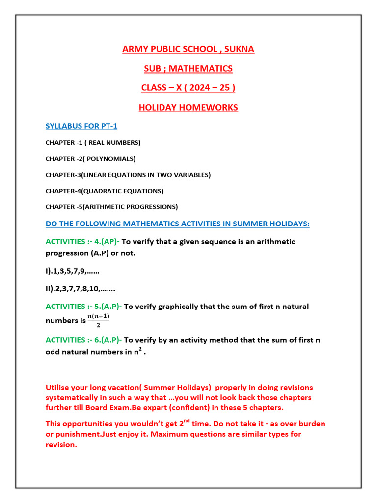 Math Holiday S Homework X Pdf Numbers Quadratic Equation