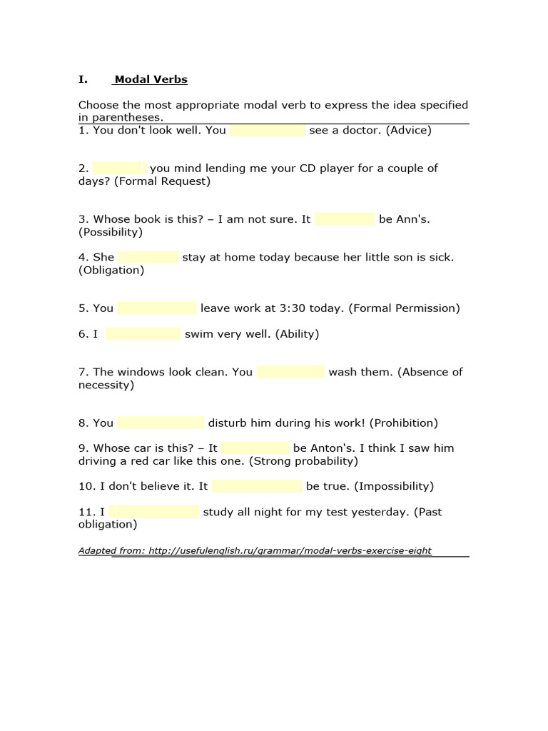 Modal Verb Exercises | Download Free PDF | Verb | Linguistic Typology