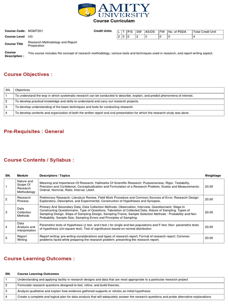 Research Methodology Syllabus Pdf Methodology Sampling Statistics