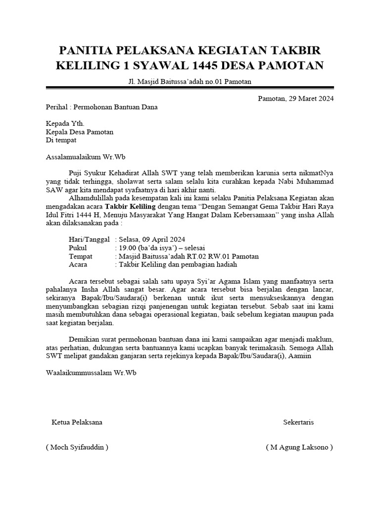 Undangan Permohonan Dana Takbir Kelililng 2024 | PDF | Agama & Spiritualitas