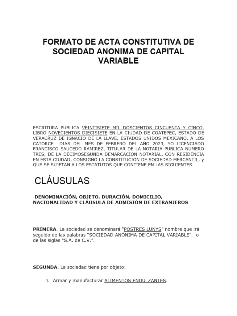 FORMATO DE ACTA CONSTITUTIVA DE SOCIEDAD ANONIMA-1 | PDF | Sociedad de responsabilidad limitada ...
