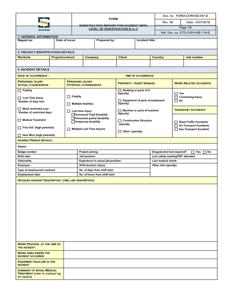 Incident Investigation Level B or C - FORM-COR-HSE-047-E R06 | PDF ...