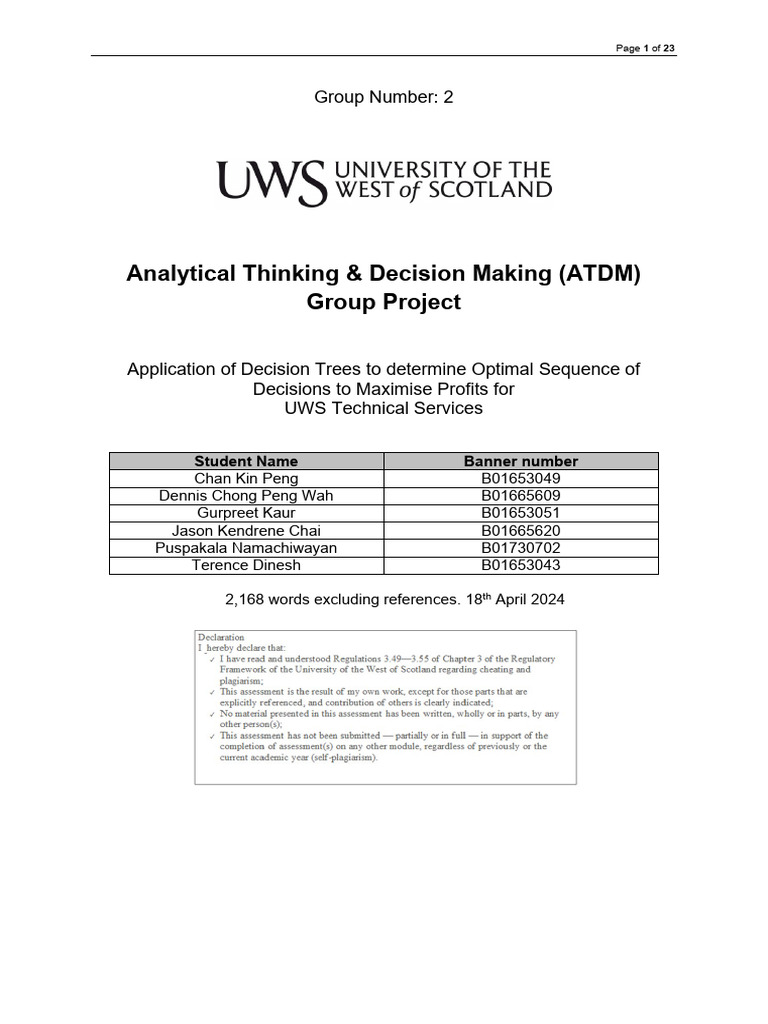 Decision Trees for UWS Profit Maximization | PDF | Decision Making | Risk