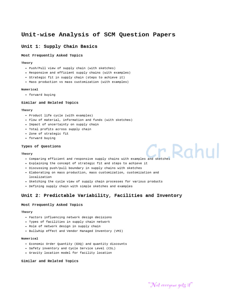 SCM Question Papers Unit Analysis | PDF | Supply Chain | Supply Chain ...