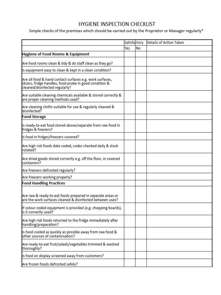 Hygiene Inspection Checklist | PDF | Hygiene | Refrigerator