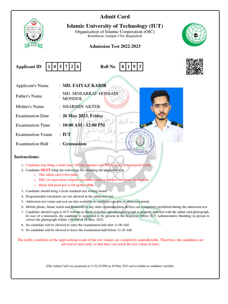 IUT Admission Test 2022-2023 Applicant ID 105726 | PDF | Computing