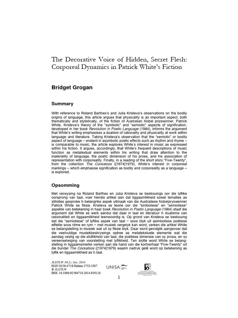 Corporeality in Patrick White's Fiction | PDF | Semiotics