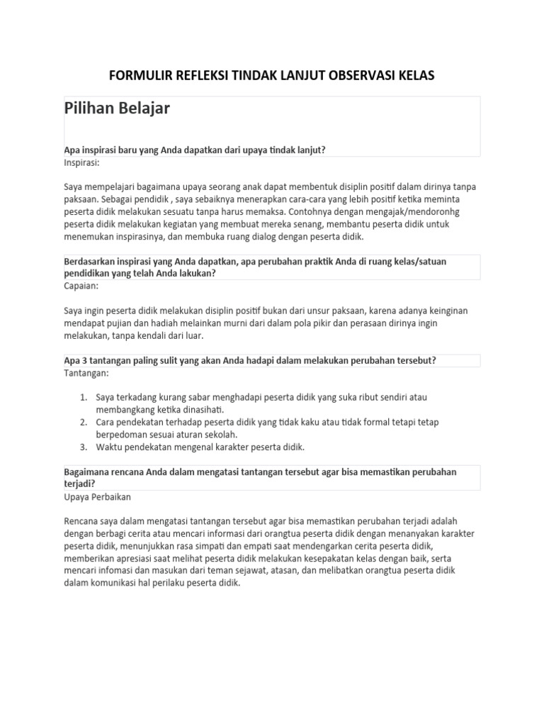 Formulir Refleksi Tindak Lanjut OBSERVASI KELAS | PDF | Karier & Perkembangan