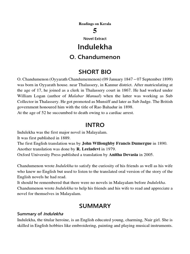 Indulekha SUMMARY | Download Free PDF | Novels