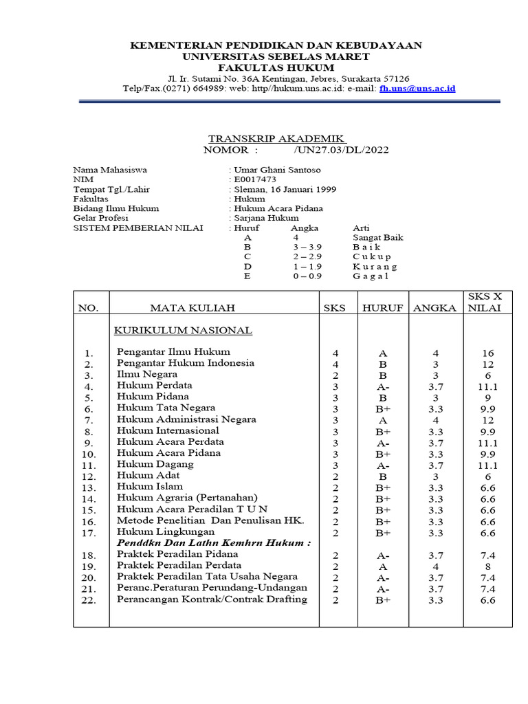 Transkrip Nilai Umar | PDF