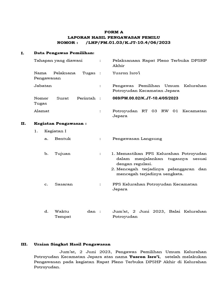 FORM A - Pengawasan - Pleno DPHP Akhir - Potroyudan | PDF | Ilmu Sosial ...