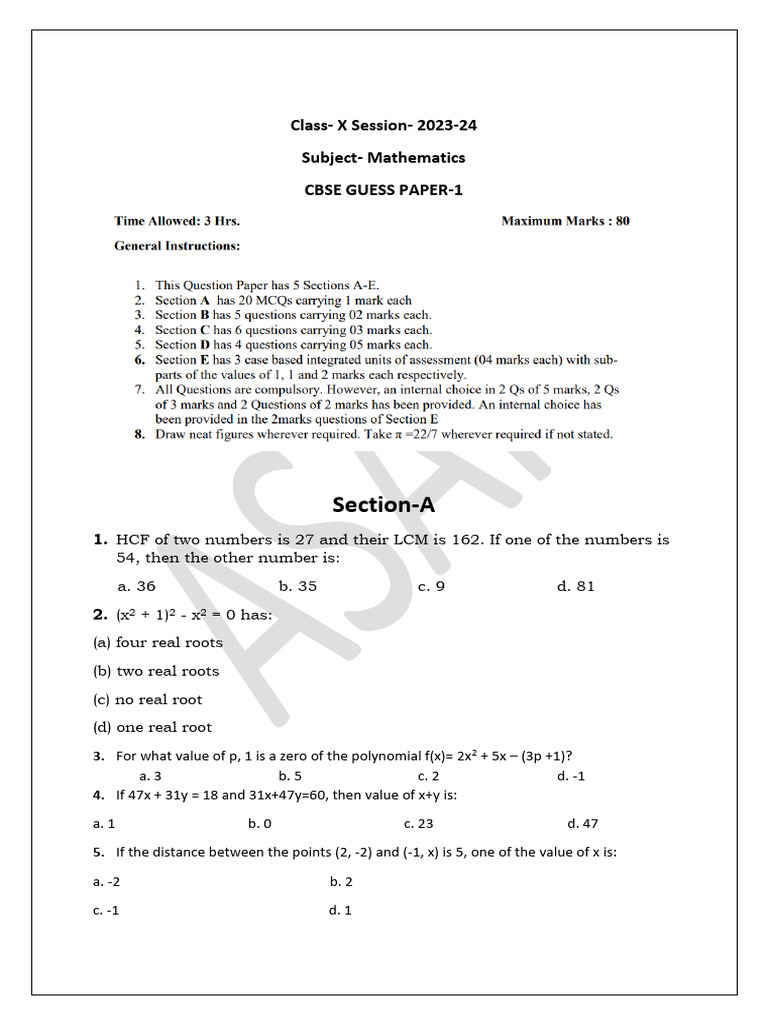 Cbse Guess Paper-1 | PDF | Mathematical Objects | Mathematics